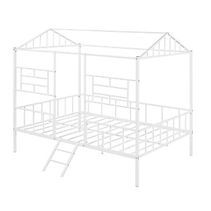 Full House Bed with Fence Railings Metal Cabin Bed Frame with Ladder Child Fun Tent Beds for Toddler Kids Boys Girls Teens, Full Size, White