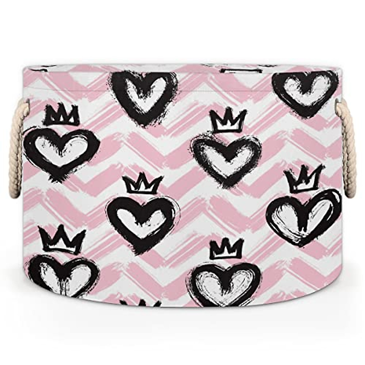 Hearts Crowns Pink Stripe Romantic Large Round Baskets for Storage Laundry Baskets with Handles Blanket Storage Basket for Bathroom Shelves Bins for Organizing Nursery Hamper Girl Boy