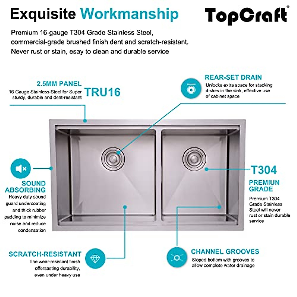 TopCraft Kitchen Sink Workstation Double Bowl 33-inch Undermount 16 gauge Kitchen Sink Stainless Steel Kitchen Sink with Integrated Ledge 60/40 Kitchen Sinks - HRO3319GSS