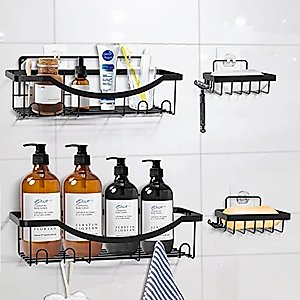 FANTINEE 4 Pack Shower Shelf for Inside Shower,Shower Caddy Basket Shelf with Soap Holder and Toothbrush Holder,Shower Wall Shelves for Bathroom Shower Storage Organizer Black