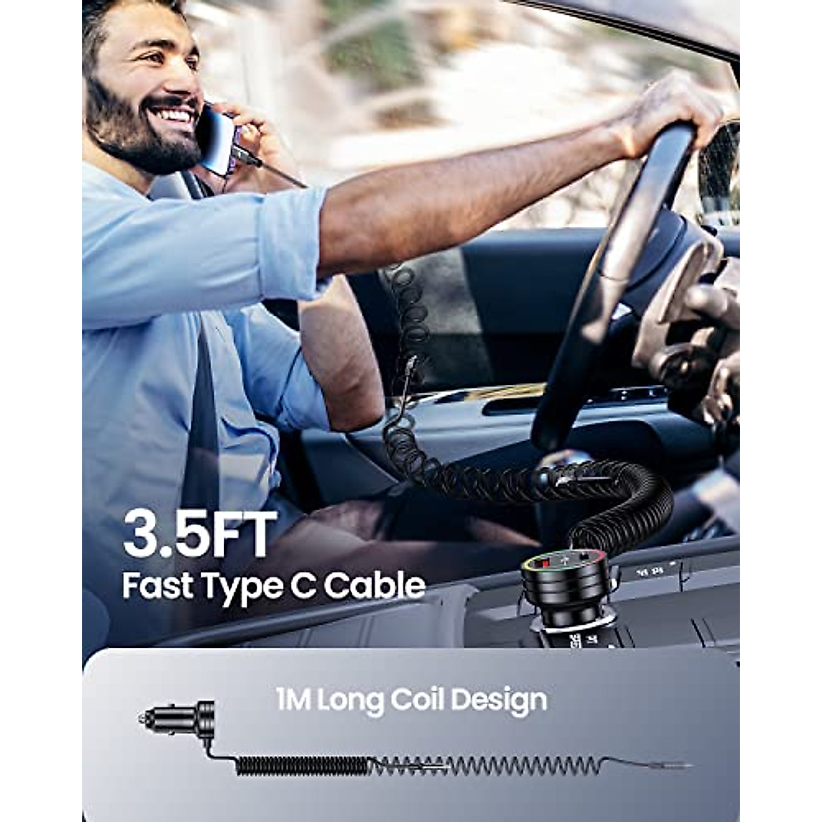 USB C Car Charger, 60W Super Fast Car Charger PD & QC 3.0 with 30W Type C Coiled Cable, Car Phone Charger for iPhone 15 Series/Samsung Galaxy S23-S21/iPhone 14-8/Google Pixel/LG/Android/iPad/MacBook