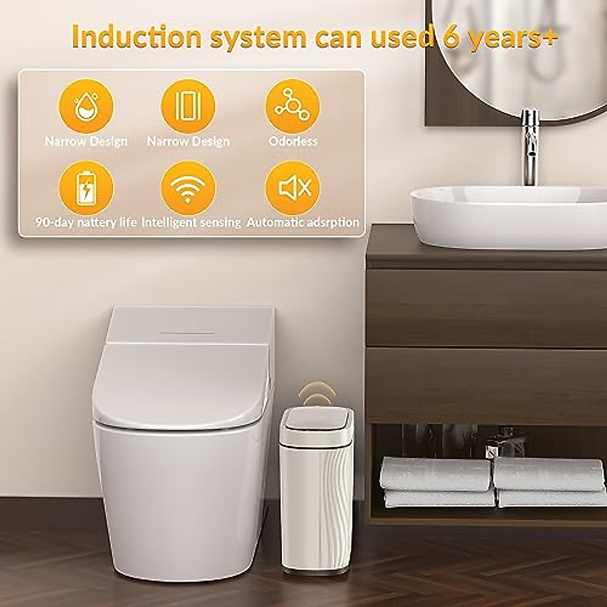 Small Bathroom Trash Cans with Lids Automatic Garbage Can Bathroom Trash Can,Narrow Waterproof Plastic 2.8 Gallon Motion Sensor Touchless Garbage Can,Off White+Black
