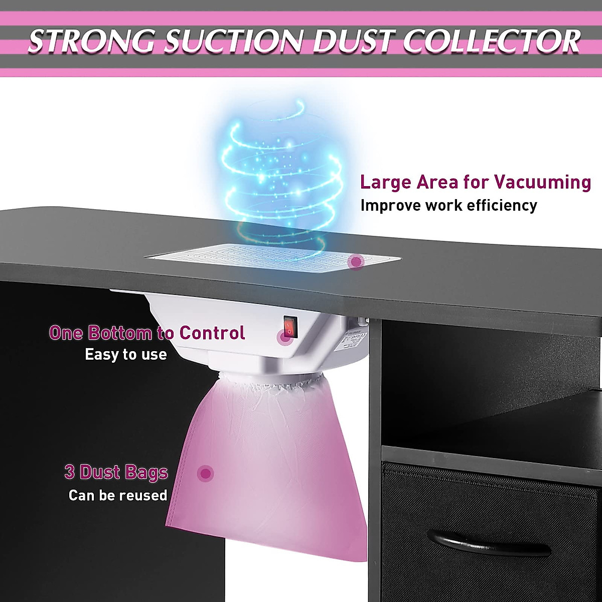 Artist hand Manicure Table, Nail Table, Nail Beauty Manicure Desk, Wrist Cushion, Lockable Wheels, Storage Drawers, Electric Downdraft Vent, White