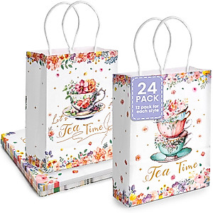 JOHOUSE 24PCS Tea Party Gift Bags, 5.5" x 2.8" x 8" Paper Bags Gift Bags Party Favor Bags Goodie Bags with Handles for Party Gifts Kids