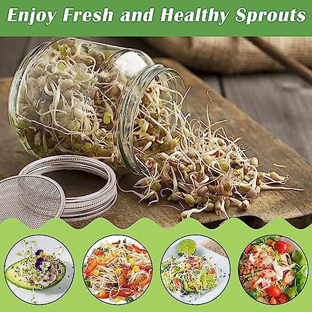 Sprouting Kit, Sprouts Growing Kit with 4 Screen Sprout Lids, 2 Stands, Tray, Blackout Sleeve, Stickers and Brush for Bean, Broccoli, Alfalfa Sprouts (No Manson Jar)