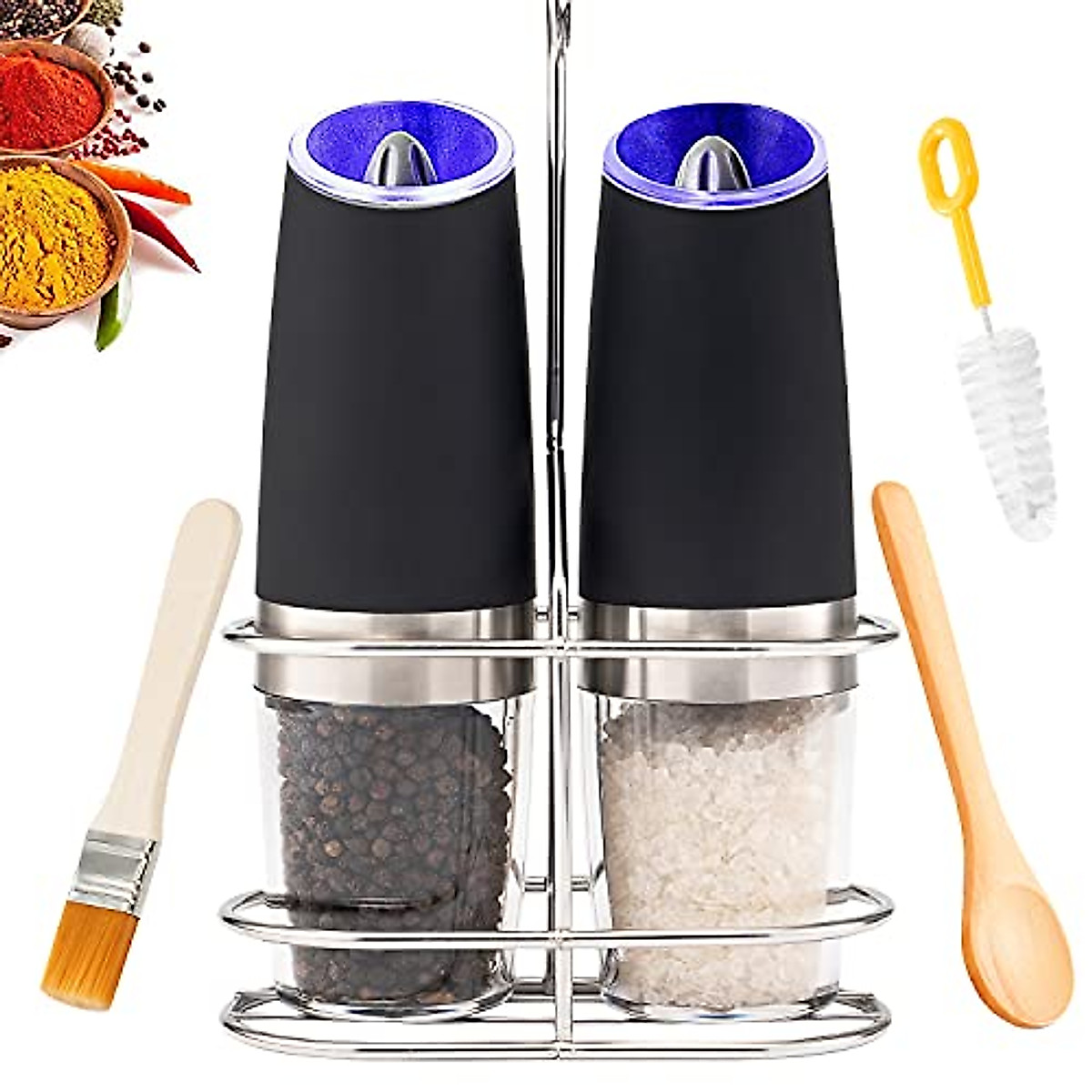 Gravity Electric Salt and Pepper Grinder Mill [Set of 2] with Blue LED Light. Flip to Grind. One Hand Operation, Adjustable Coarseness. Includes Stand, Spoon and Brush. Automatic Battery Powered