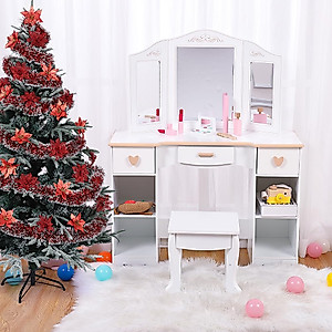 EGFheal Kids Vanity Set with Mirror and Drawer - Girls' Vanity Table and Chair Set with Wood Makeup Playset, Perfect for 3-9 Yr, White