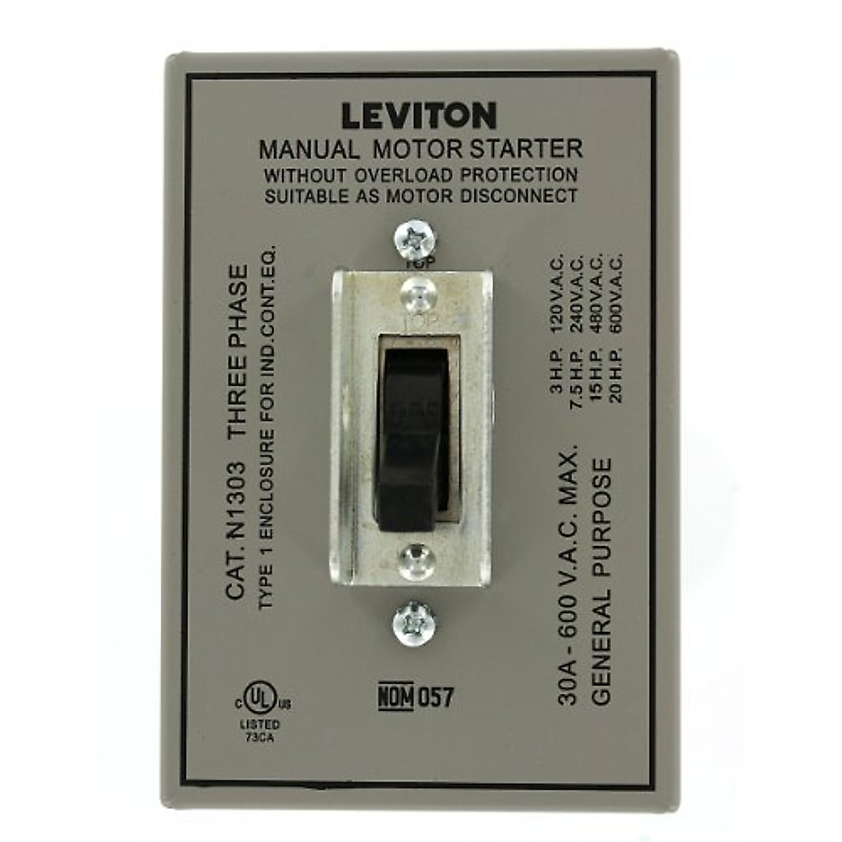 Leviton N1303-DS 30 Amp, 600 Volt, Toggle Three-Pole AC Motor Starter, Suitable as Motor Disconnect, In Type 1 Metal Enclosure, Industrial Grade, Grounded, Gray