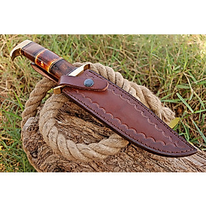 Zaildar Damascus Steel Bowi Knife Custom Handmade Knife Fixed Blade Knife Hunting Knives Survival Knife and Camping Knife with Bone and Rose Wood Handle with Leather Knife Sheath