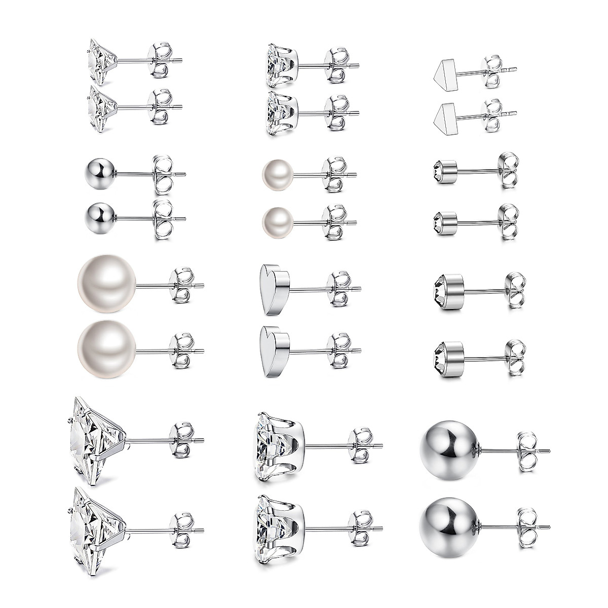 Thunaraz 12Pairs Surgical Steel Stud Earring Set Earring Ball Triangle Heart CZ Earring