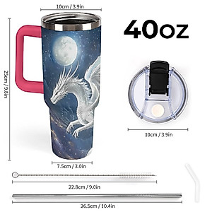 White Dragon Soaring Moon Moonlight 40oz Water Bottle Double Wall Insulated Tumbler with Handle Leakproof Travel Mug Light Rose Red-style