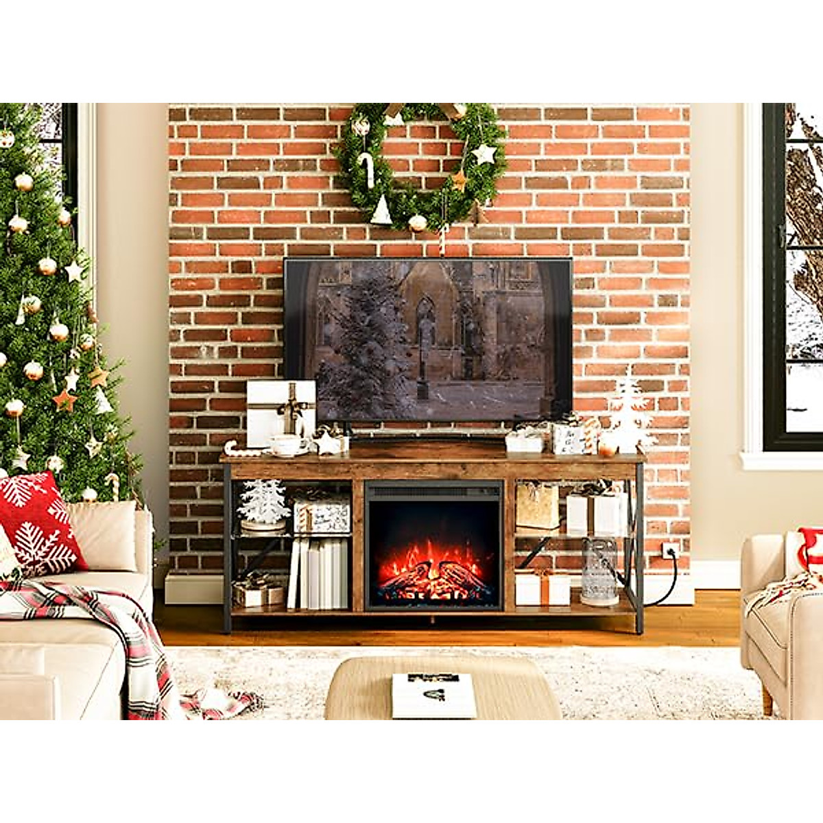 HOOBRO Fireplace TV Stand with Led Lights and Power Outlets, Wooden Media Entertainment Center Console Table with Glass Shelves, Fireplace TV Console for TVs up to 65", Rustic Brown BF140UDDS01