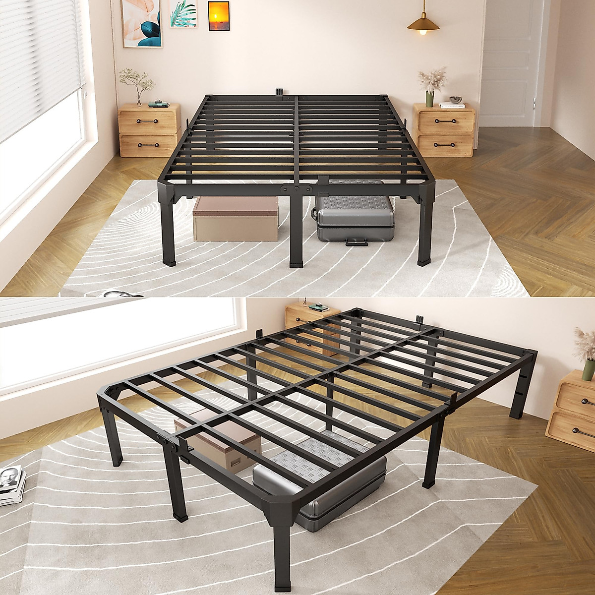 Superay 14 Inch Metal King Size Bed Frame with Mattress Slide Stopper - Double Black Basic Steel Slats Platform, Easy Assembly Heavy Duty Noise Free Bedframes, No Box Spring Needed