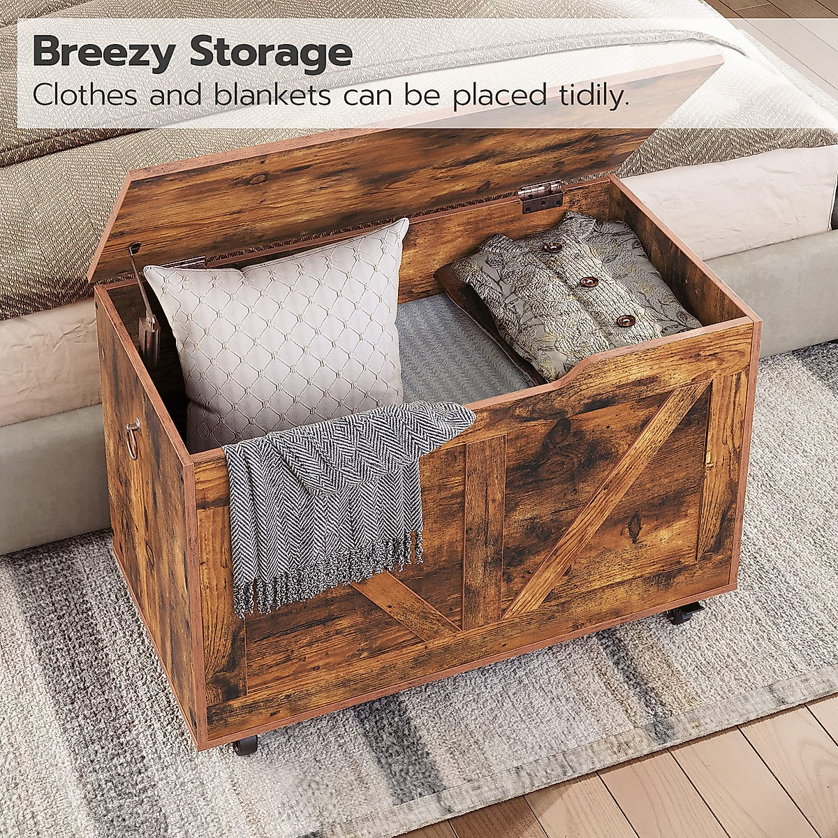 HOOBRO Storage Chest, Toy Box, 29.5" Storage Bench with 4 Wheels, Toy Chest Supports 220 lb, Safety Hinge, U-Shaped Opening, Easy Assembly, for Bedroom, Living Room,Rustic Brown FG74CW01