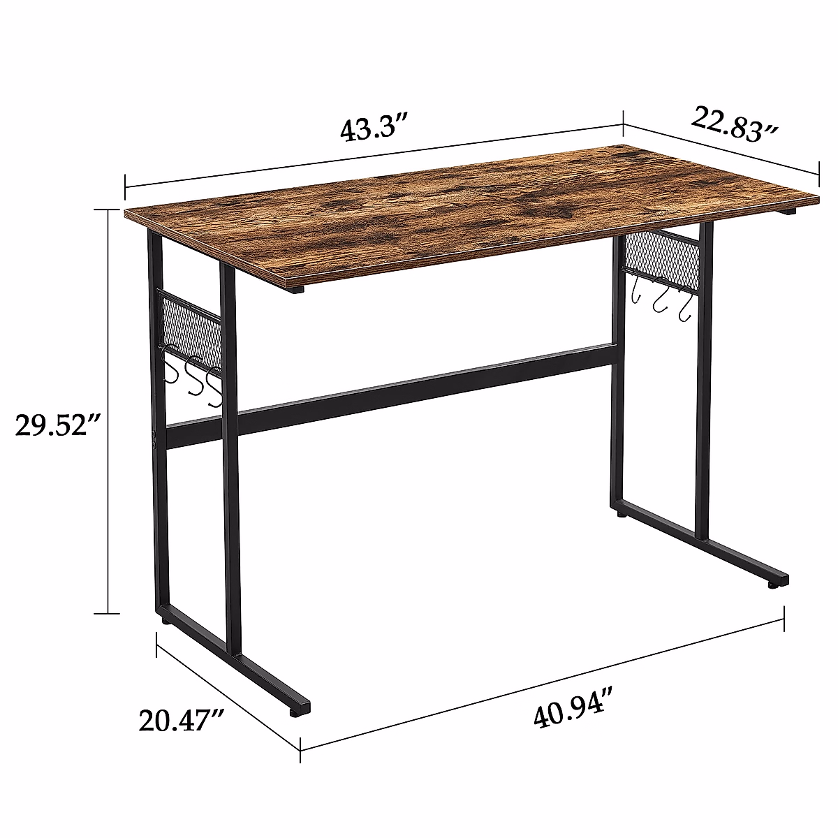 VECELO 32 Inch Small Computer Sturdy Laptop Industrial Desk Office Work, Modern Simple Study Table with Headphone Hook, Adjustable Feet and Water Proof Surface, 44", Brown