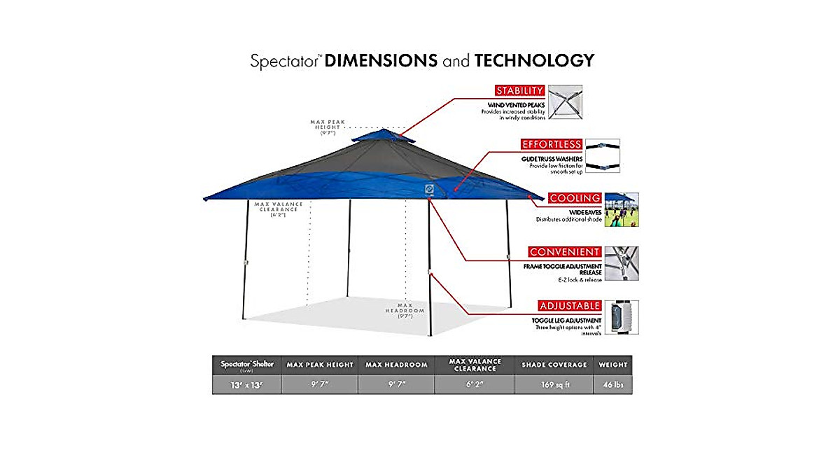 E-Z UP Spectator Instant Shelter Canopy, 13' x 13' with 169 sq ft of ...