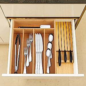 SOONHUA Bamboo Kitchen Drawer Organizer Tray for Flatware, 5 Compartments Cutlery Utensil Organizer Tray Kitchen Drawer Divider