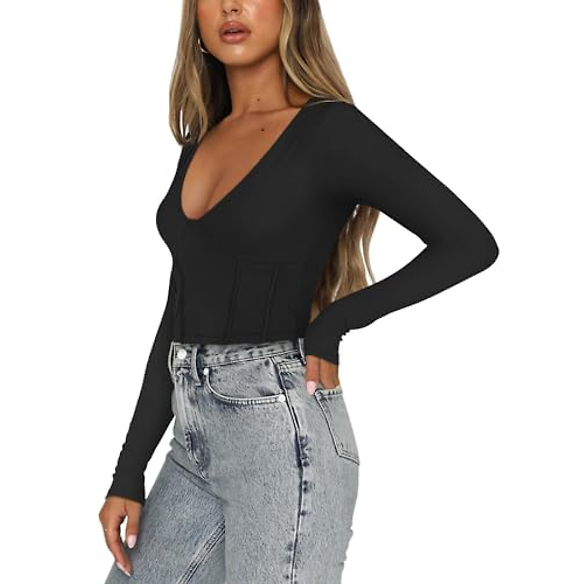 REORIA Women's Fall Sexy Casual Deep V Neck Double Lined Long Sleeve Tight Tops Tees Slim Fitted Cute Y2K Trendy Going Out Party Crop Top Black Large