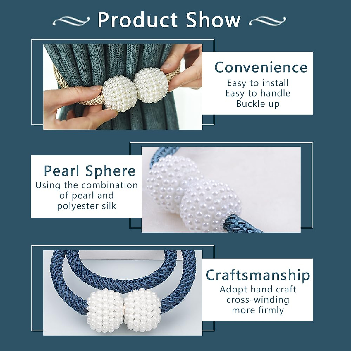 4PCS Magnetic Curtain Tiebacks Buckle Type Pearl Curtain Tie, Curtain Tie Rope Tie Without Drilling Free Installation（2*White and 2*Blue）