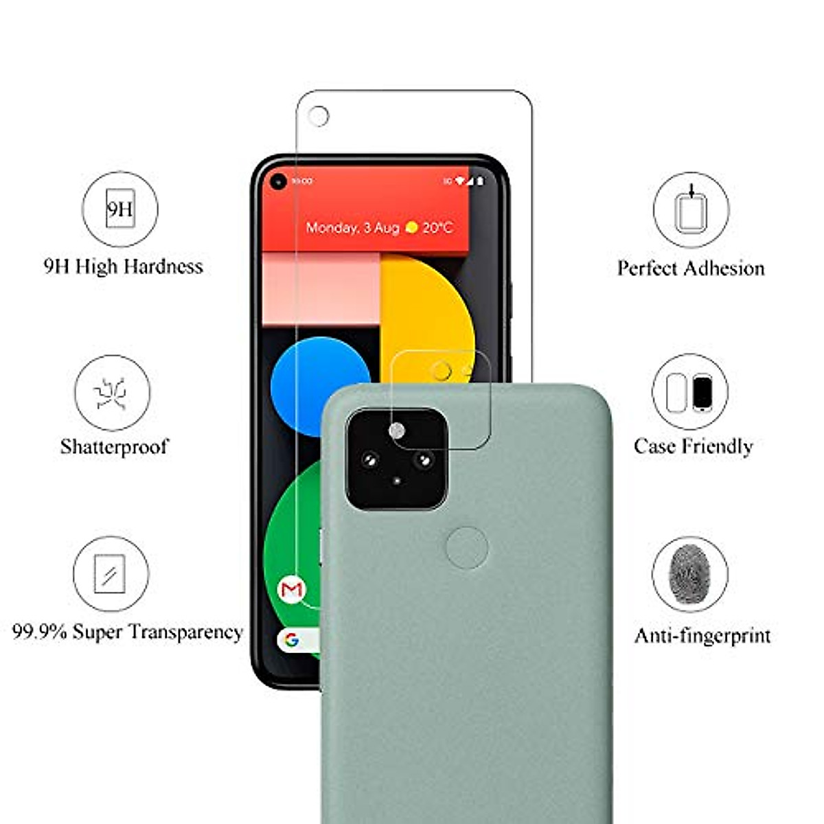 Ailun Screen Protector for Google Pixel 5a 5G Tempered Glass 2Pack + 2 Pack Camera Lens Protector Ultra Clear Anti-Scratch Case Friendly