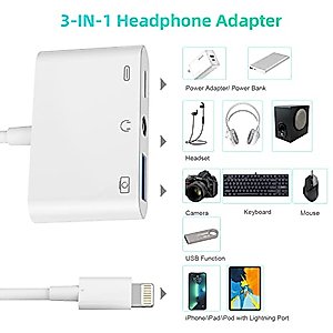 【Apple MFi Certified】 3-in-1 Lightning to 3.5mm Jack Headphone+Charge+Camera Adapter,USB to iPhone OTG Audio Aux Adapter Connect Flash Drive/Card Reader/Mouse/Keyboard/Earphone for iPhone 14 13 12 11