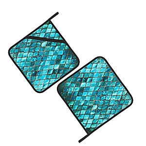 Turquoise Blue Mermaid Scales Pot Holders Set of 2 with Loop Heat Resistant Hot Pads for Cooking Baking Grilling