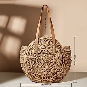 Straw Bag Women Handmade Shoulder Handbag Large Beach Bag Handwoven Round Tote Camel