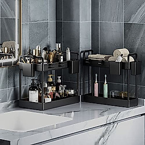2 Pack Under Sink Organizer, 2 Tier Kitchen Under Sink Cabinet Organizers and Storage with Cups and Hooks, Black Bathroom Under Sink Shelf Organizer Basket, Multi-purpose Under Sink Storage