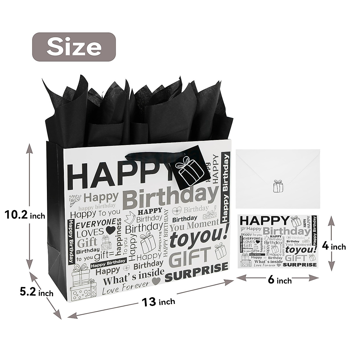 13" Large White Gift Bag Set with Greeting Card and Tissue Papers (‘Happy Birthday' Text) for Men's or Women's Birthday Parties, Boys', Girls', or Kids' Parties, Baby Showers, Baby Boys or Girls -