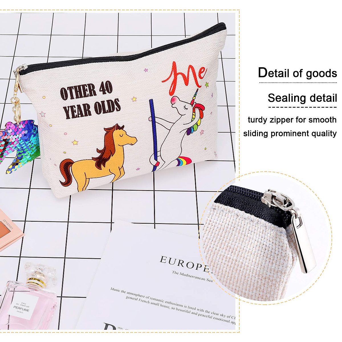 Hicarer Birthday Cosmetic Bag Birthday Makeup Bag and Unicorn Flip Sequin Keychain for Women, Mom, Wife, Friend, Sister, Her, Colleague, Coworker (40th Print)