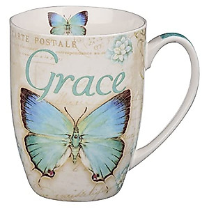Amazing Grace Butterfly Mug – Botanic Teal and Blue Butterfly Coffee Mug w/Ephesians 2:8, Bible Verse Mug for Women and Men – Inspirational Coffee Cup and Christian Gifts (12-ounce Ceramic Cup)