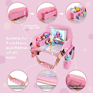 MENZOKE Bundle–2 items Kids Travel Tray with Dry Erase Board & Storage Pocket, Blue & Pink