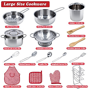 Kids Pretend Play Kitchen Toys Accessories Set, 32 Items Stainless Steel Toy Pots and Pans Sets w/ Rack Organizer, Metal Cooking Utensils & Apron, Play Food w/ Basket for Kids Girls Boys Toddlers