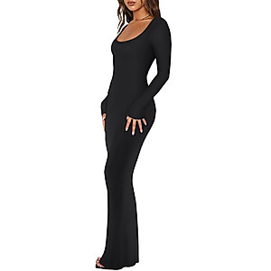 REORIA Womens Sexy Casual Scoop Square Neck Long Sleeve Soft Lounge Long Dress Fall Wedding Guest Elegant Ribbed Bodycon Maxi Dresses Black Small