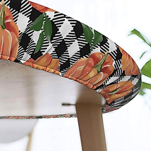 Fiokroo Autumn Pumpkins Checkerboard Tablecloth with Elastic Edge, Round Table Cloth Happy Thanksgiving Washable Reusable Table Cover for Kitchen Dining Party Picnic, Small