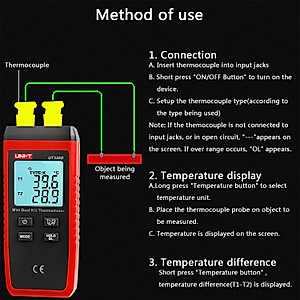 UNI-T K/J Type Thermocouple, Mini Contact Type Dual Channel Thermometer,Minus 58F to 2192F Wide Range Digital Thermometer, Pipe/Radiator/Probe Thermometer Temperature Gauge UT320D