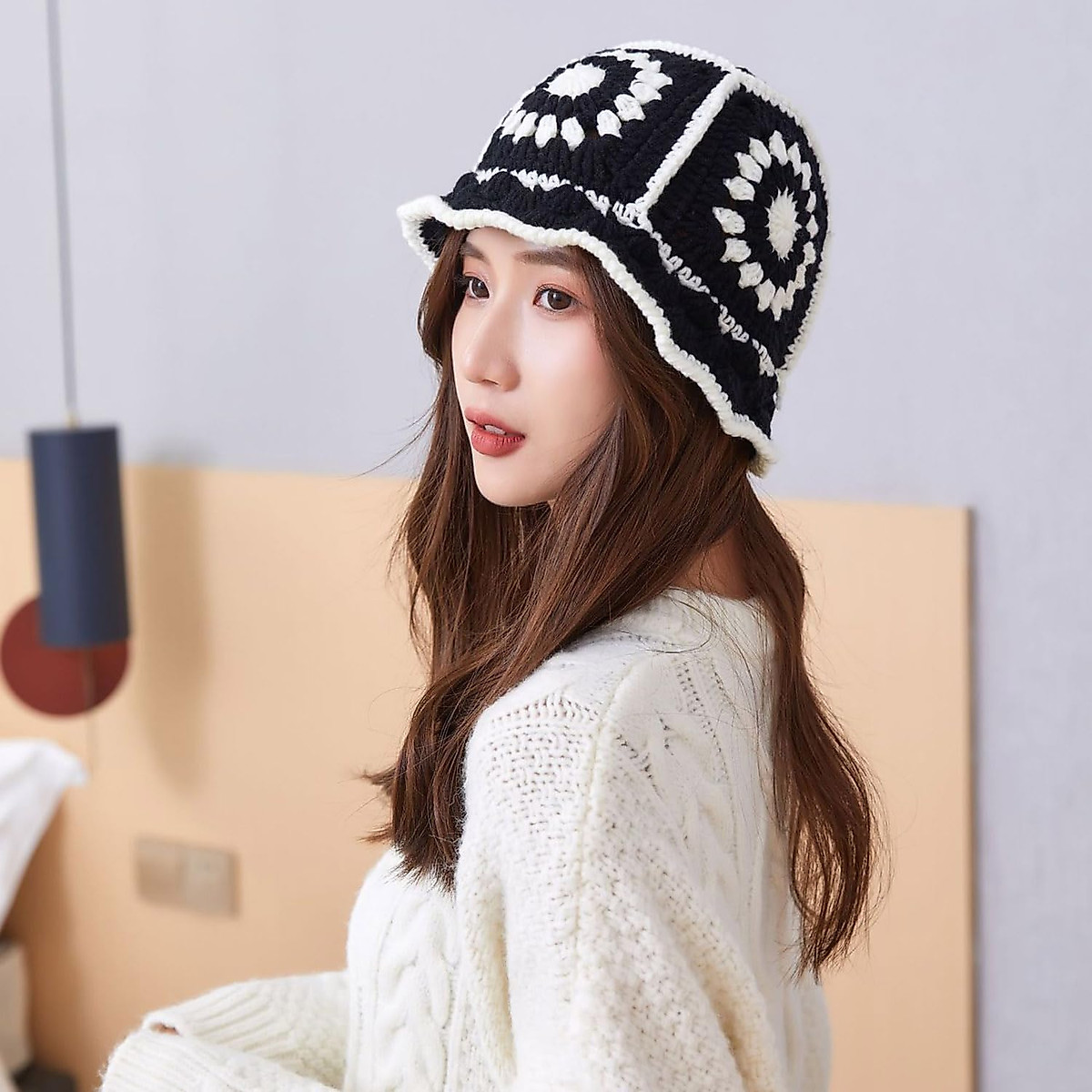 Crochet Bucket Hat for Women Crochet Hat Handmade Knitted Hat Foldable Floral Crochet Beanie Hat for Women Girls Outdoor Black/White