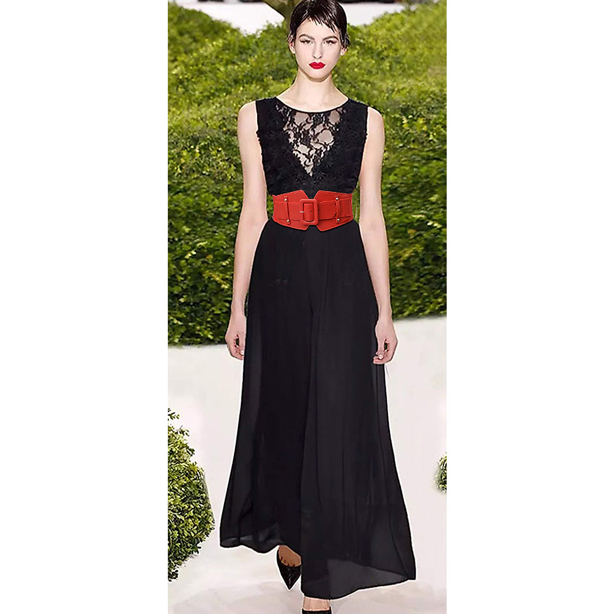 CHIC DIARY Waist Belt Women's Thick Stretchy Retro Chunky Buckle Belts Wide Leather Cinch Belts For Jeans Dresses Pants (Red, One Size)