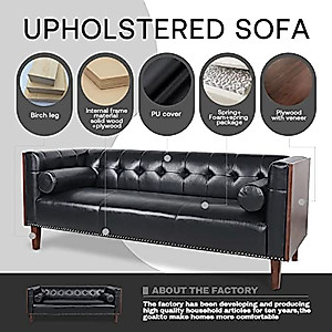Couches for Living Room Faux Leather Black Sofa Mid Century Modern Couch Tufted 3 Seater Sofa 77.5'' Clean Lines Wooden Decorated Square Arm Sofa with Two Bolster Rolled Accent Pillows (BLACK)