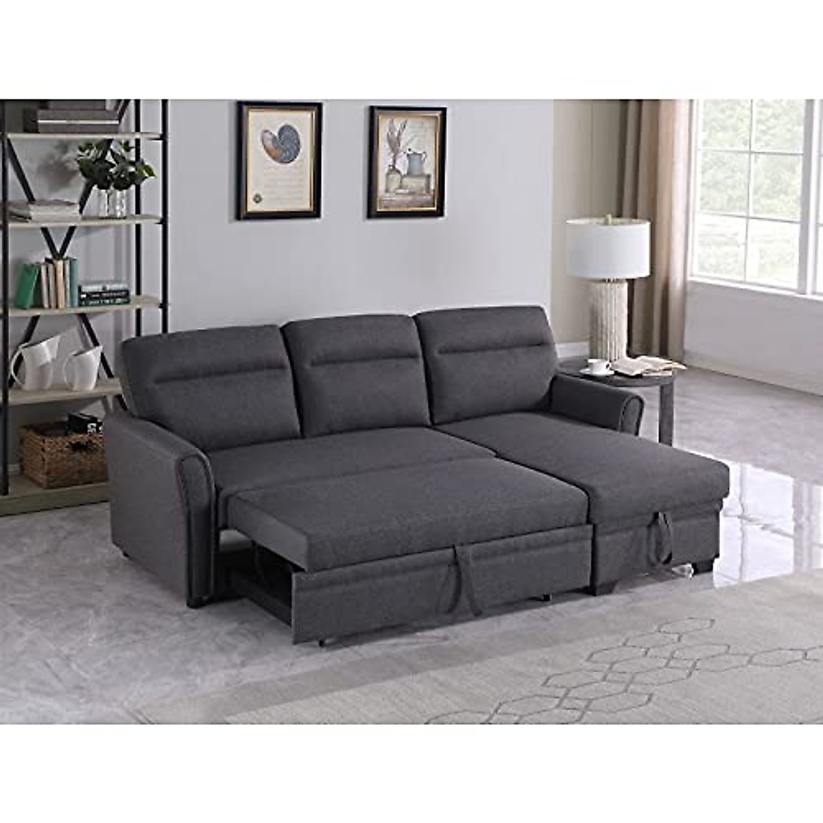 Devion Furniture Fabric Sectional Sofa Easy Assembly Pull Out Sleeper Bed in Gray