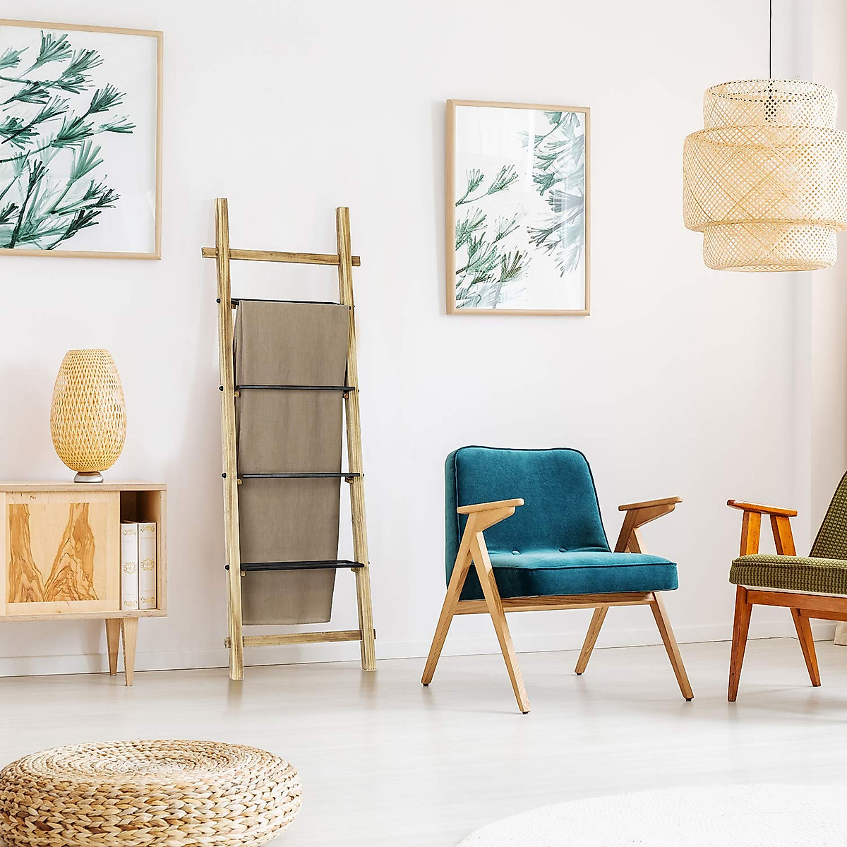 MyGift 6-Tier Blanket Ladder Wooden, 54 inch Blanket Quilt Holder Rack Decorative Ladder, Easy Assembly, Rustic Farmhouse Ladder Shelf for The Living Room Bedroom Bathroom Home Decor, Brown