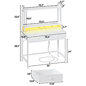 Furologee Small White Desk with Drawers, 36 Inch Home Office Computer Desk with Power Outlet and LED Light, Vanity Desk with Storage Shelves, Modern Work/Writing/Study Table for Bedroom, White
