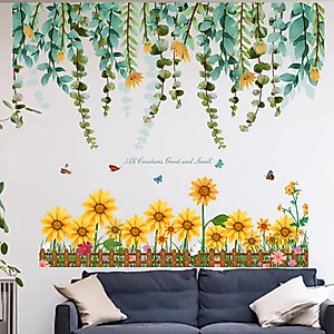Tropical Plants Sunflower Vine Wall Corner Stickers, AUHOKY Removable Green Fresh Leaves Flower Wallpaper Decals, Garden DIY Art Mural for Nursery Bedroom Kitchen Offices Home Decorations (B)