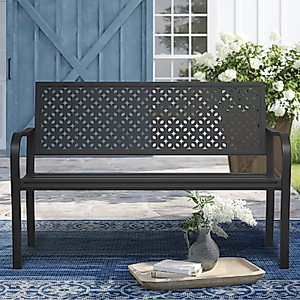 Maemttes 50 Inch Heavy-Duty Outdoor Bench, Metal Weatherproof Garden Bench with Decorative Backrest Anti-Rust Cast Iron Patio Bench for Park, Porch…