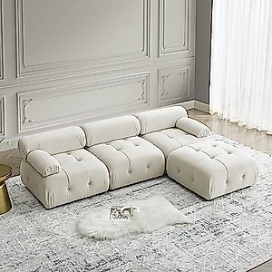 ERYE Cute Sectional DIY Combination Modern Convertible Modular Sofa & Couch Cloud Deep Seater Sofá, 93", Beige Velvet Button Tufted