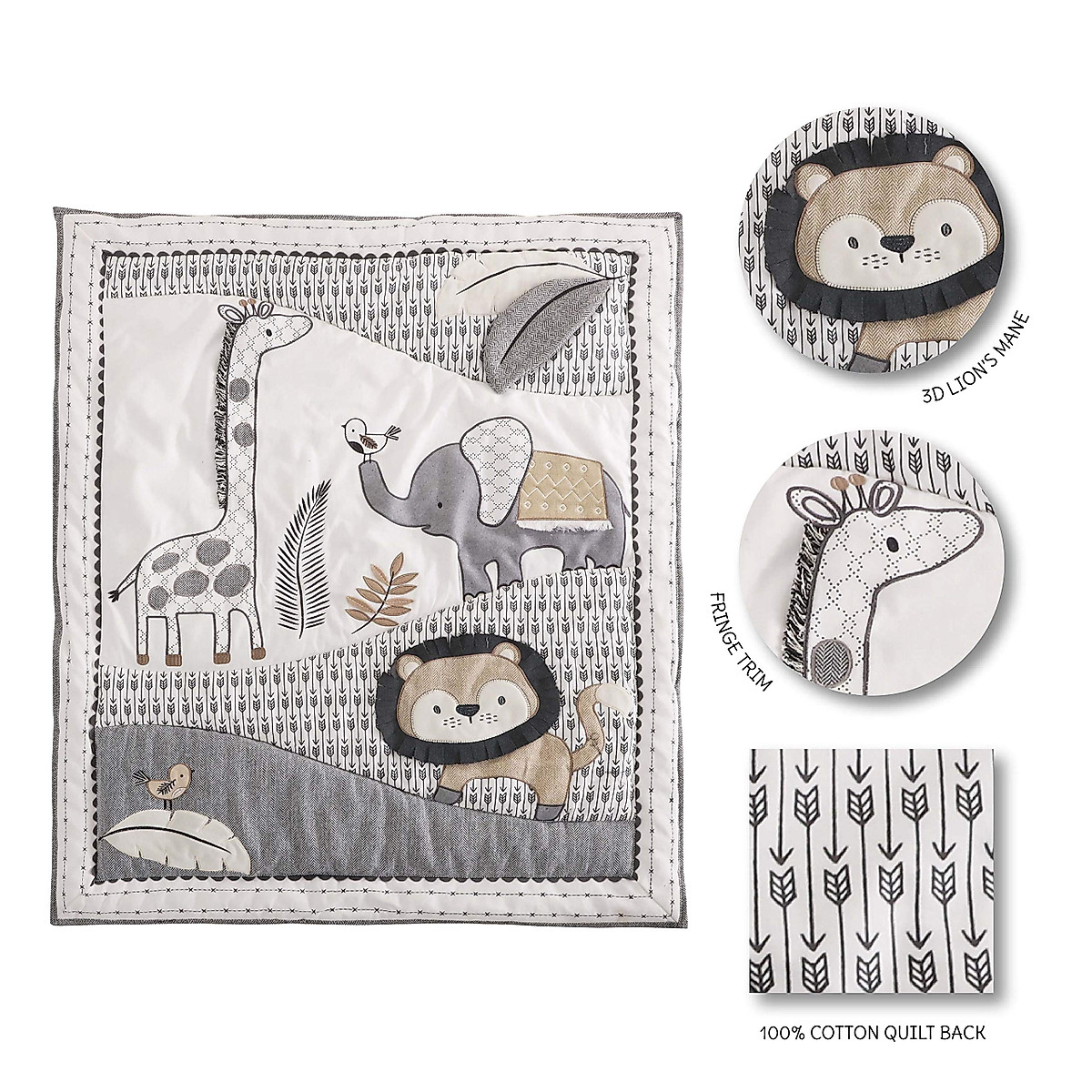 Levtex Baby - Tanzania Crib Set - Baby Nursery Set - Charcoal Cream Tan - Jungle - Giraffe Lion Elephant - 5 Piece Set Includes Quilt, Fitted Sheet, Diaper Stacker, Wall Decal & Bed Skirt/Dust Ruffle