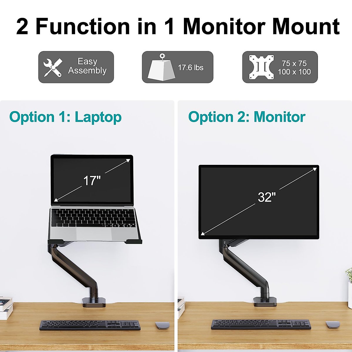 MOUNT PRO Laptop Stand Desk Mount, 2 in 1 Function Monitor Laptop Mount, Aluminum Laptop Arm Fits Max 17" Notebook and 32" Computer Screen, Single Monitor Mount with Laptop Tray, Holds up to 17.6lbs