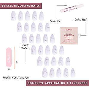 Glamnetic Press On Nails - Silent Night | Short Almond White Nails with 3D Silver Foil in a Glossy Finish | 15 Sizes - 30 Nail Kit with Glue