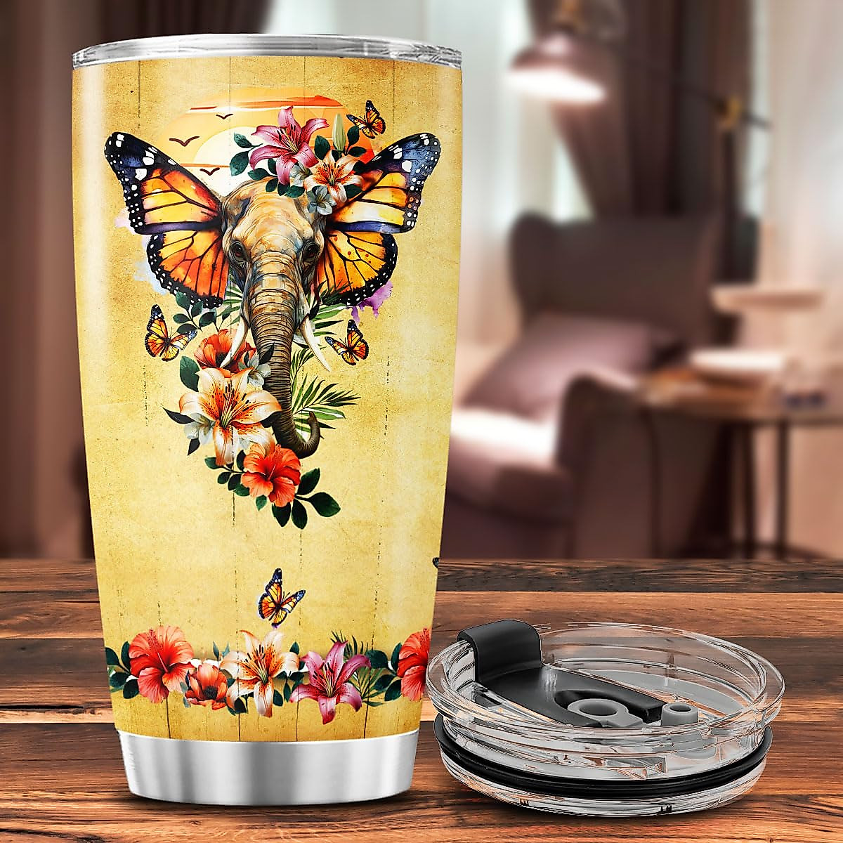 HUBUPU Elephant Gifts, Flower Butterfly Floral, Tumbler 20 Oz With Lid And Straw, Elephant Inspiring