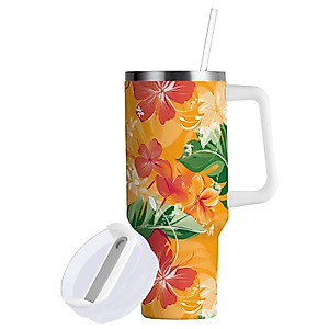 ALAZA Tropical Floral Yellow 40 oz Tumbler Water Bottle with Straw Lid and Handle,Reusable Insulated Stainless Steel Cup for Women Men Travel Car Cup Holder